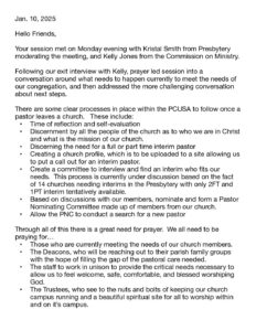 01 10 Session Letter | The Presbyterian Church of Falling Spring